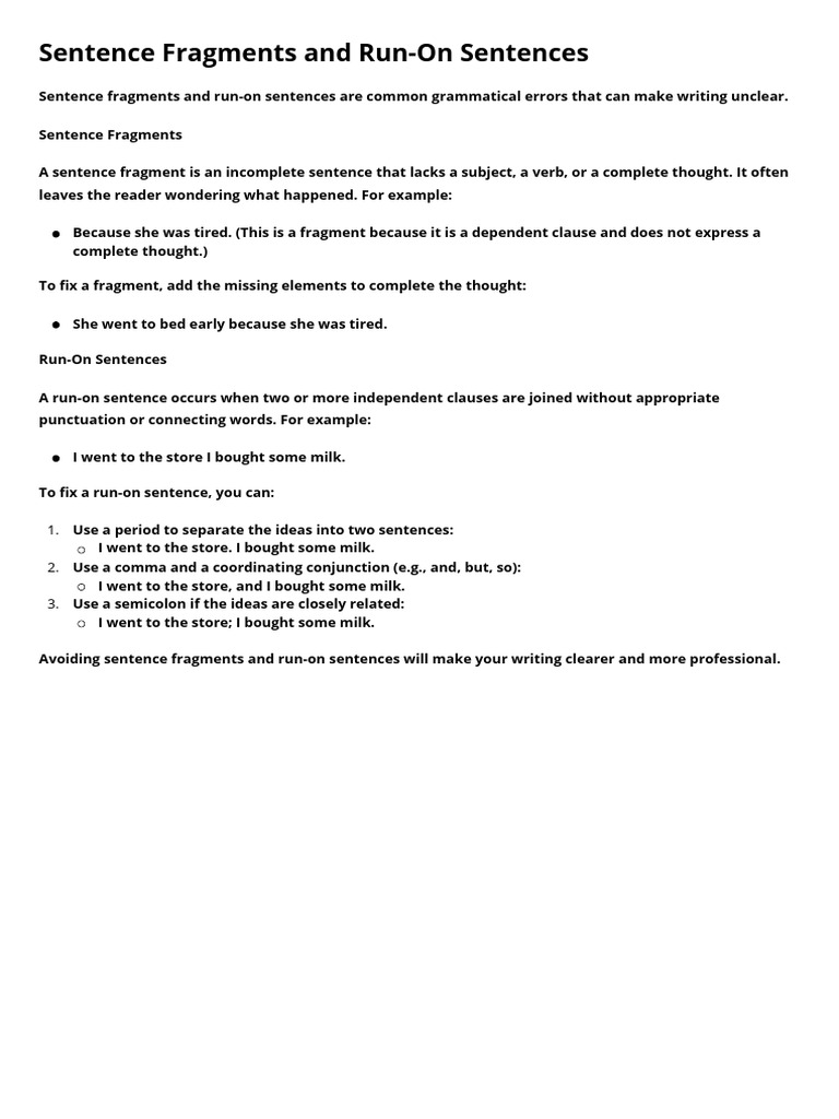 Sentence and Run-On Sentences | PDF