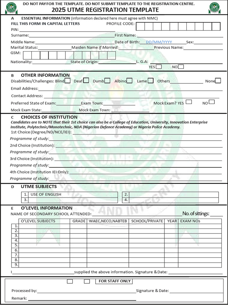 2025 UTME Registration Template Guide | PDF