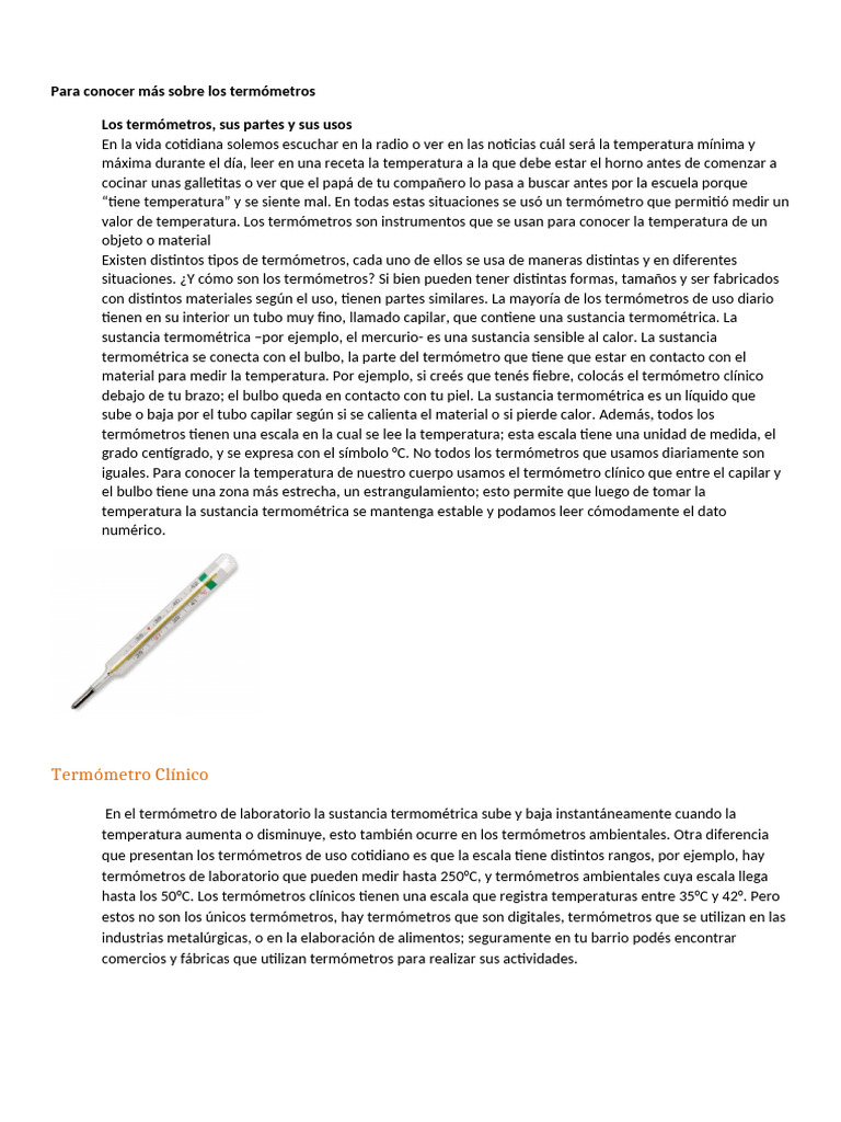 Partes y tipos de termómetros | PDF | Termómetro | Temperatura