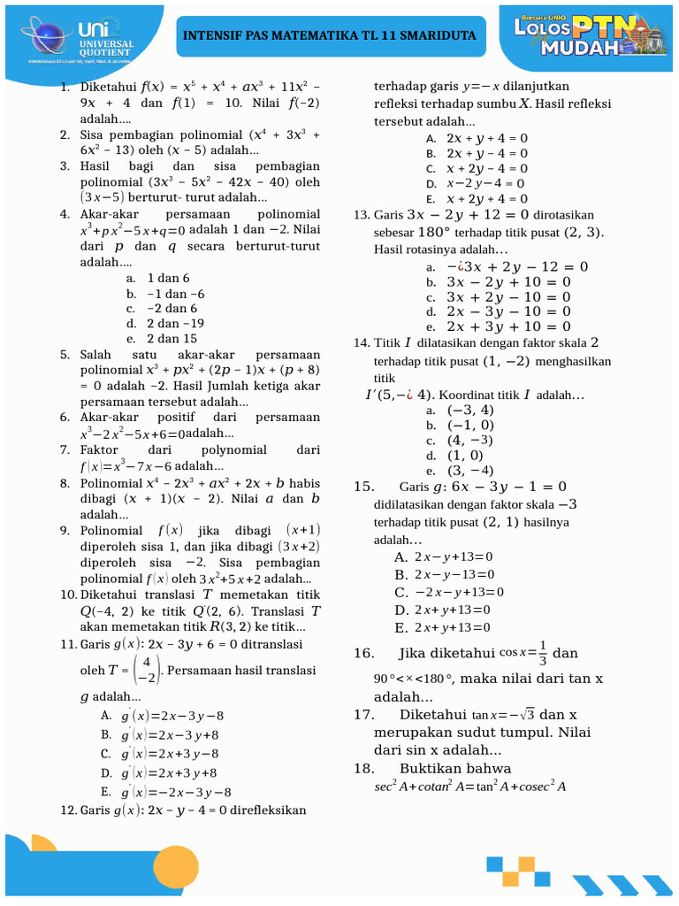 Intensif Matematika TL 11: Soal dan Pembahasan | PDF