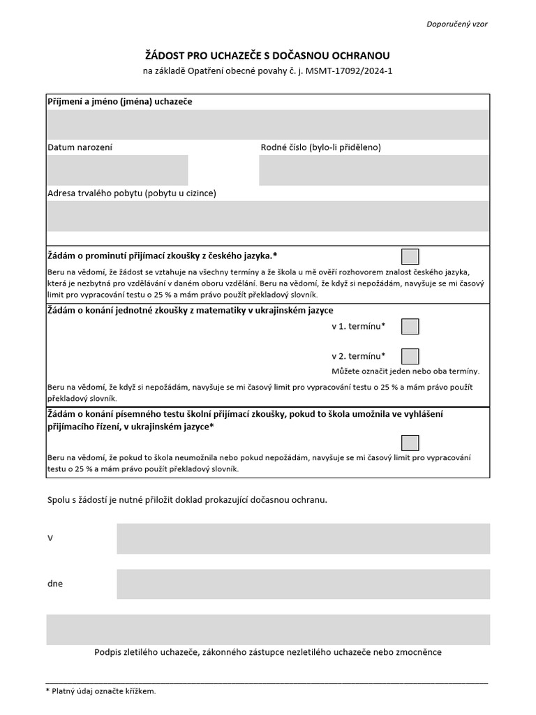 Zadost Pro Uchazece S Docasnou Ochranou 2024 2025 | PDF