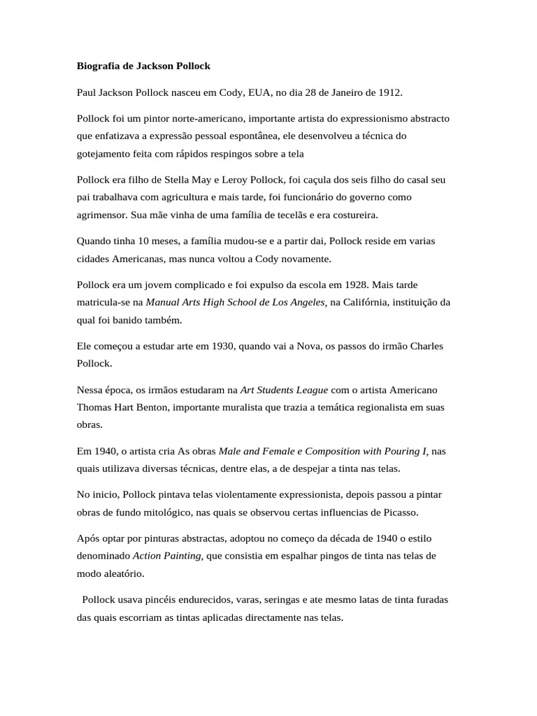 Biografia de Jackson Pollock | PDF | Modernismo | Pinturas