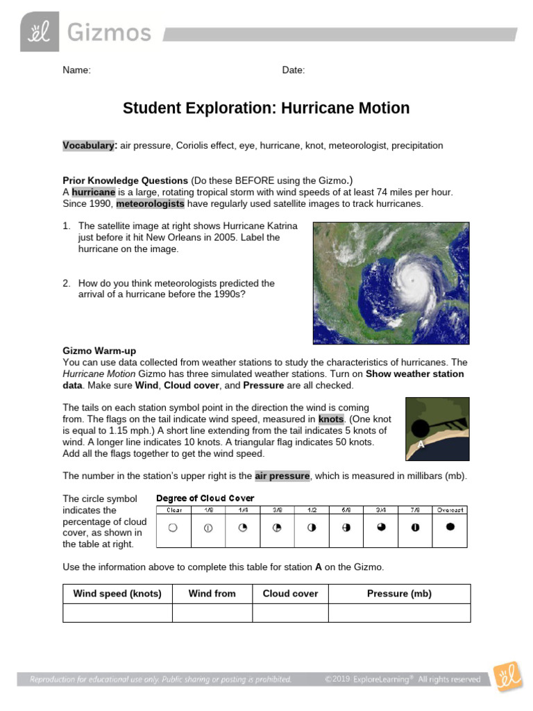 Gizmo Hurricane Motion Explorationsheet | PDF | Tropical Cyclones | Rain