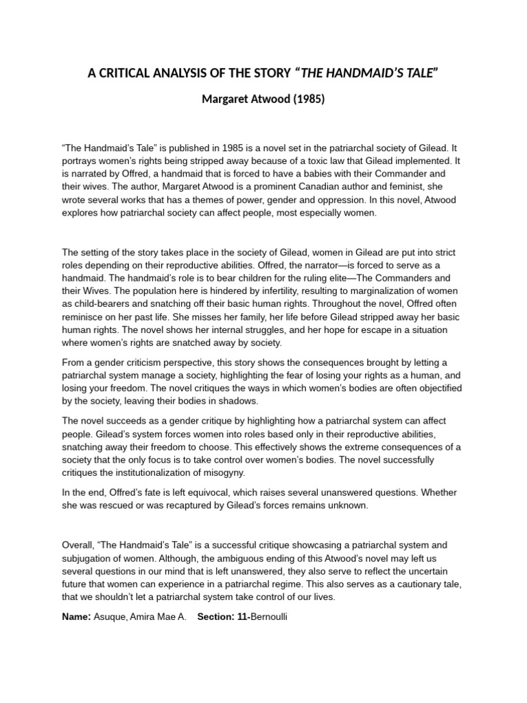 Critical Analysis of The Story The Handmaid's Tale | PDF | Gender ...