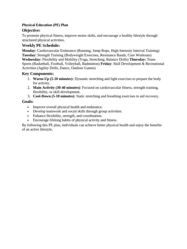 Weekly Physical Education Plan | PDF