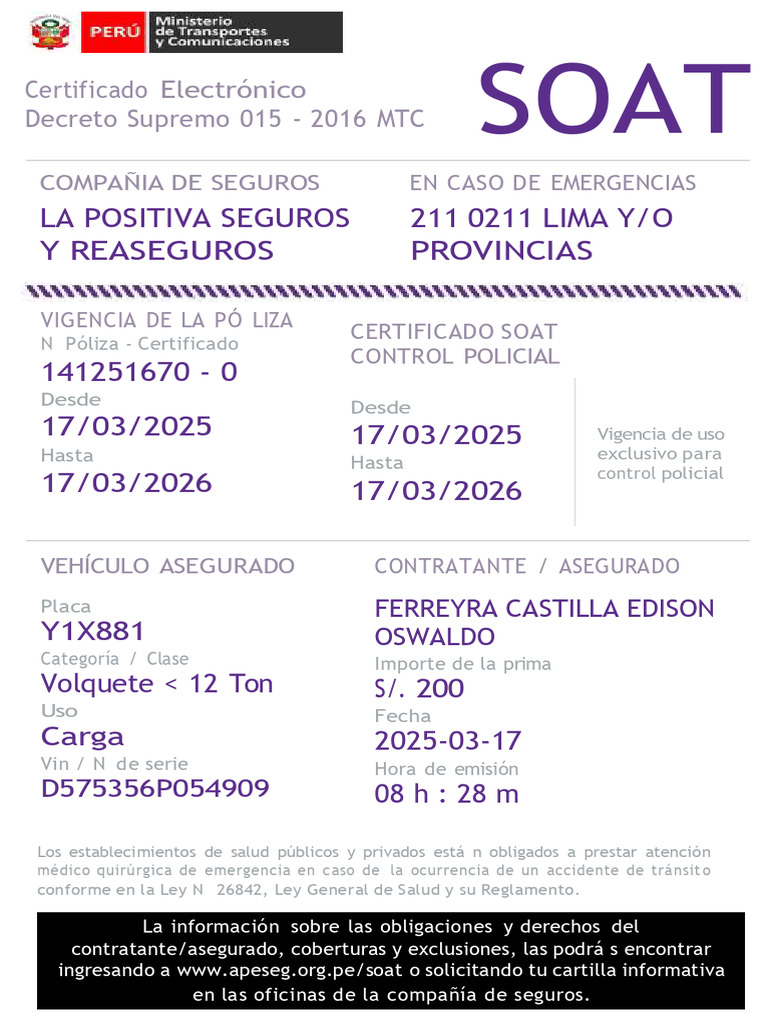 La Positiva Seguros Y Reaseguros 211 0211 LIMA Y/O Provincias | PDF