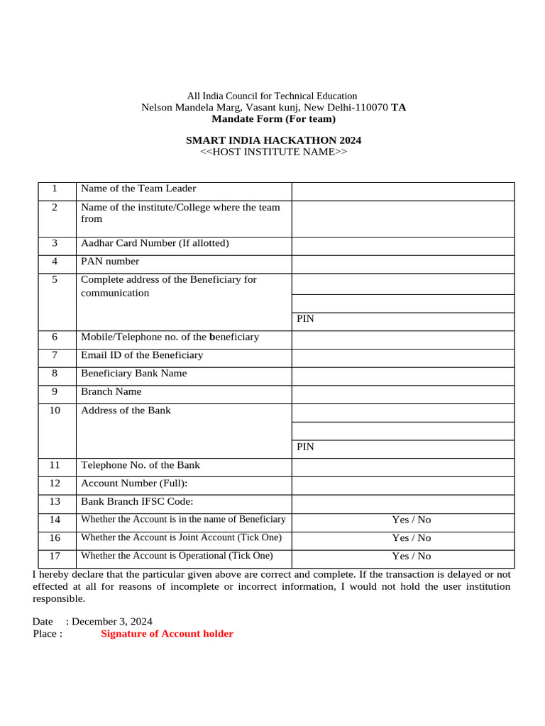 SIH 2024 TA form for Team[1] | PDF | Personal Identification Number | Banking Technology