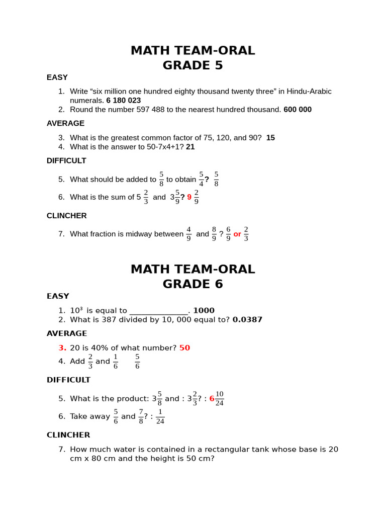 Grade 5-6 Math Team Oral Questions | PDF