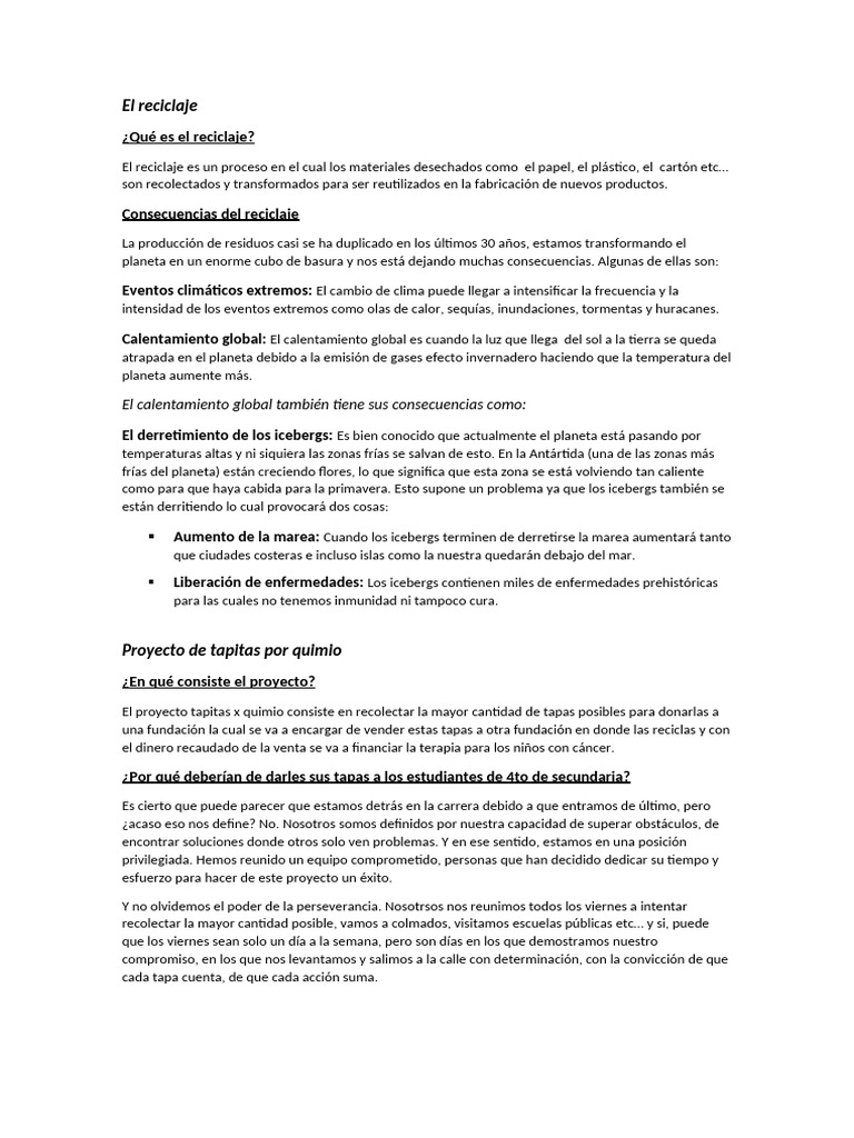Tapitas X Qumio (Grupo 1) | PDF | Cambio climático | Residuos