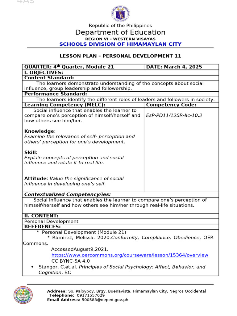 Personal Development Lesson Plan 11 | PDF | Perception | Learning
