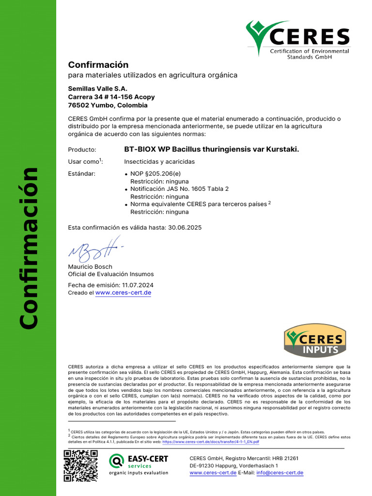 Certificacion Organica CERES 2024-2025 - BIOX SEMILLAS VALLE-4 | PDF