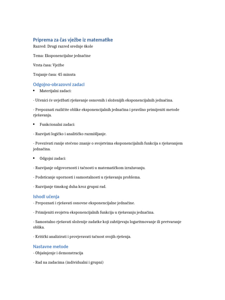 Priprema Vjezbe Eksponencijalne Jednacine | PDF