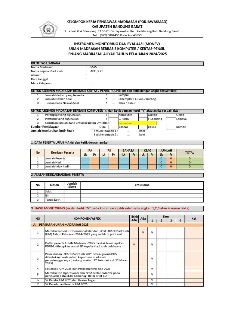Instrumen Monev Ujian Madrasah 2025 - Revisi-1 | PDF