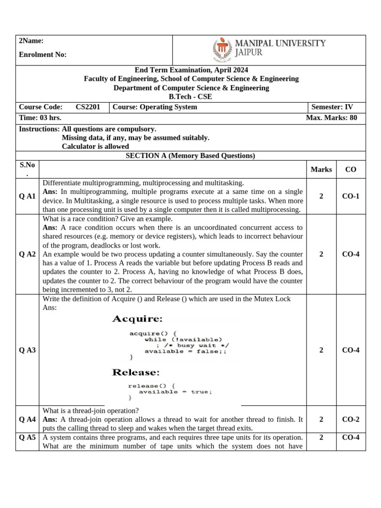 CS2201 OS Paper Set 1 Solution | PDF | Computer File | Process (Computing)