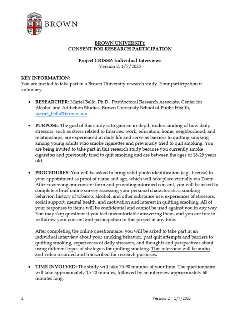 CRISSP Bulleted Consent Form V2 1.7.25 FINAL | PDF | Tobacco Smoking ...