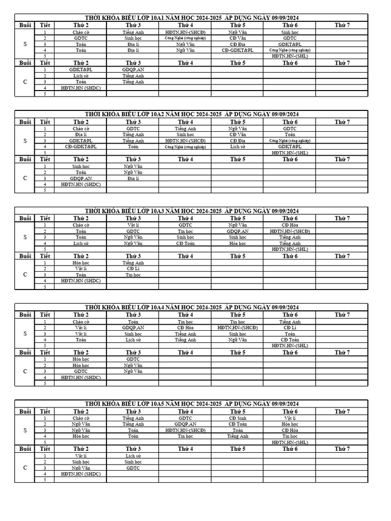 TKB LỚP HOC LAN 2-AP DUNG TU NGAY 9-9-2024 | PDF