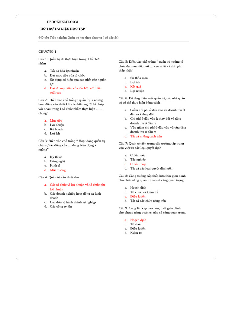 640 Cau Trac Nghiem Quan Tri Hoc Theo Tung Chuong Co Dap An Quan Tri H 75775 | PDF