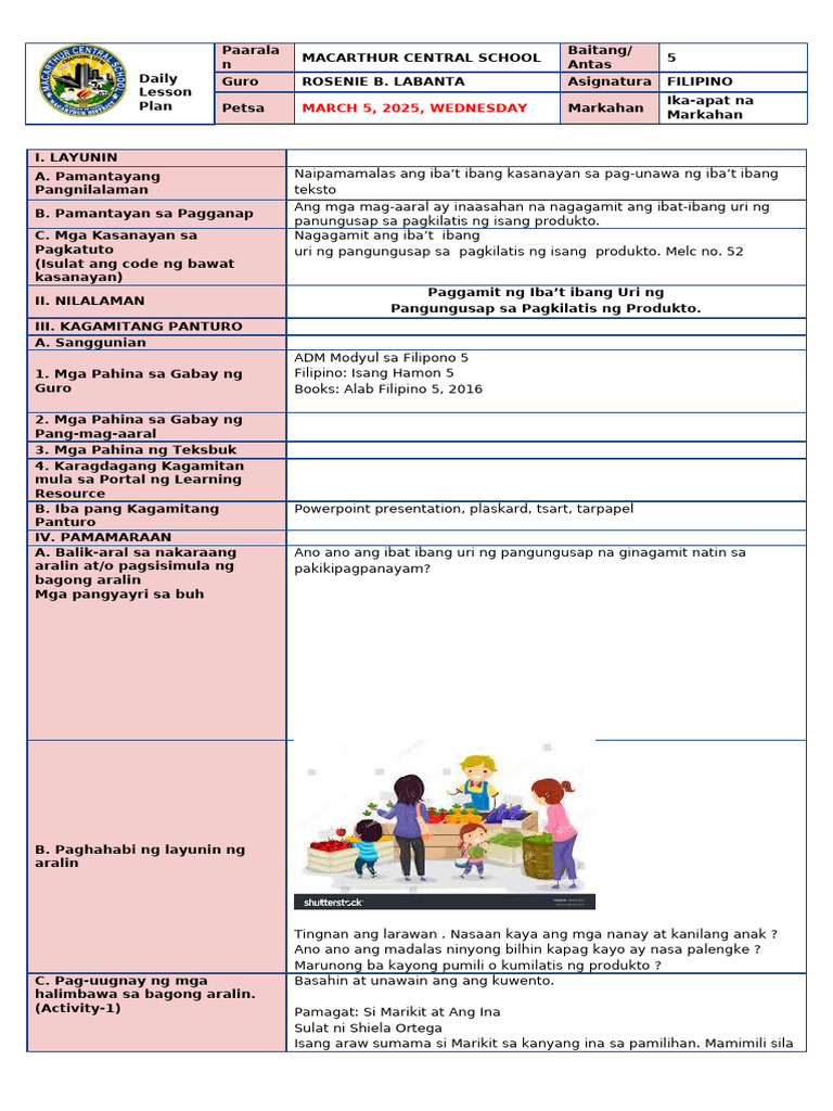 Q4 DLL Week 4 in Filipino 5 | PDF