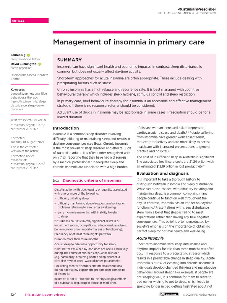 Management Insomnia Primary Care | PDF | Insomnia | Sleep Disorder