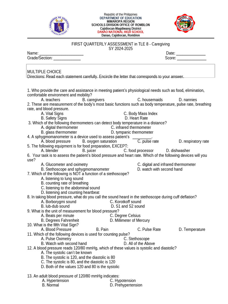 FIRST PT in TLE 8 - Caregiving | PDF | Blood Pressure | Hazards