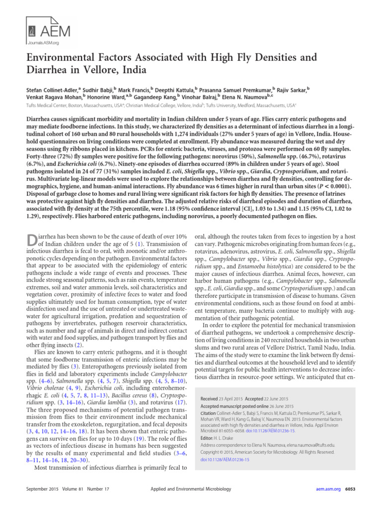 Fly Densities and Diarrhea in Vellore, India | PDF | Diarrhea | Public ...
