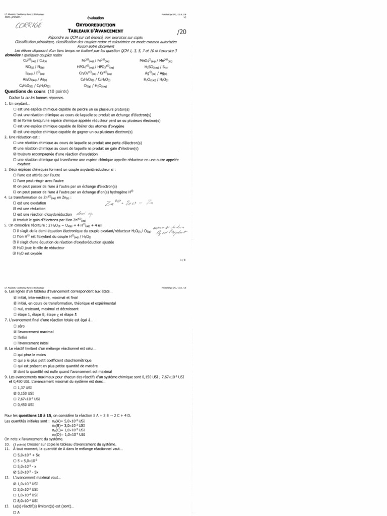 Eval Oxydoreduction Et Tableau Avancement | PDF