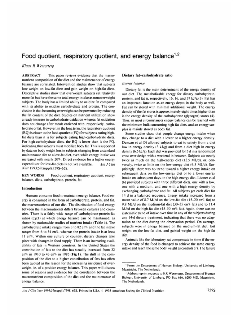 Food Quotient, Respiratory Quotient, and Energy Balance | PDF | Dieting ...