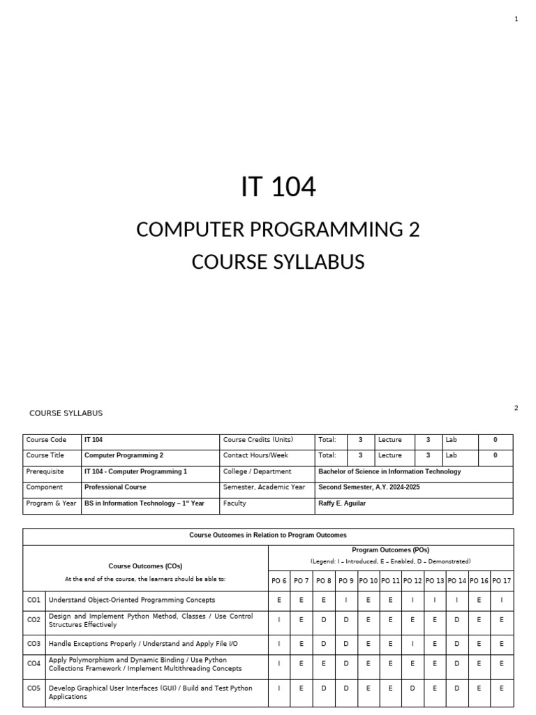 Syllabus It 212 Computer Programming 2 Pdf Method Computer Programming Class Computer