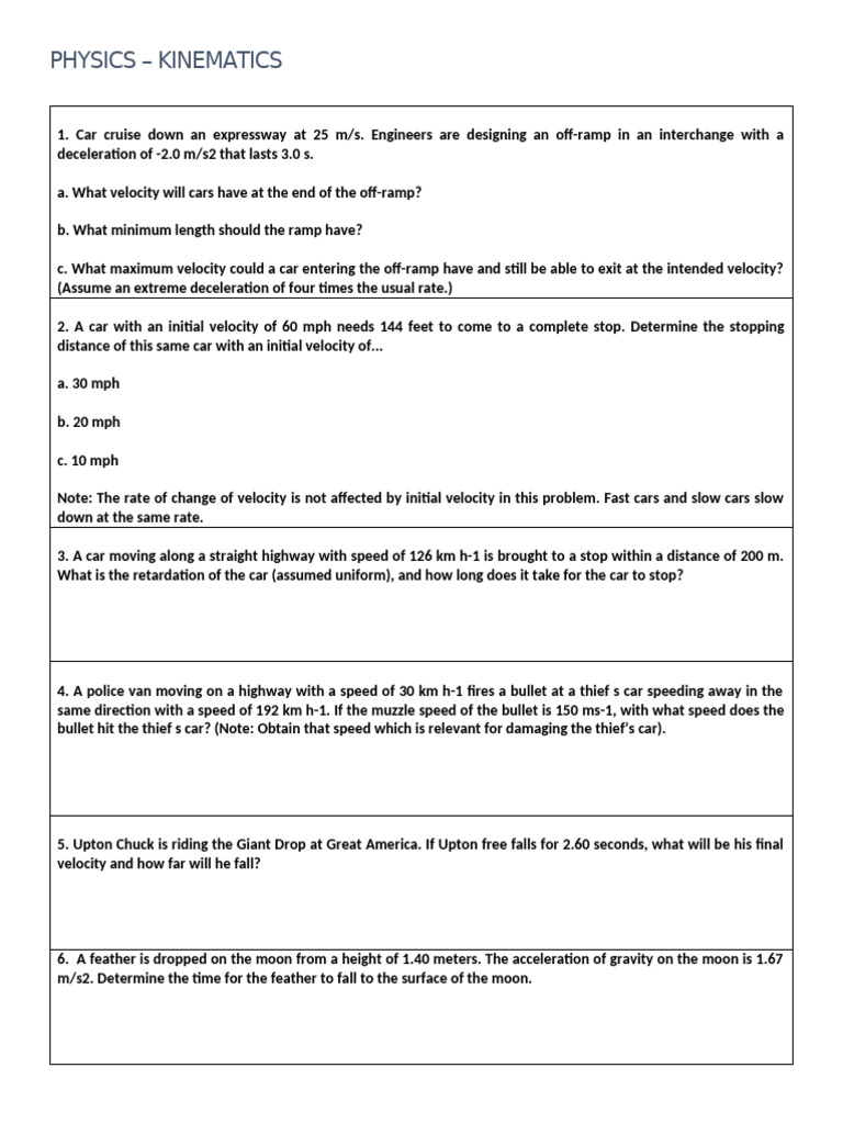 Physics - Kinematics Worksheet | PDF | Acceleration | Speed