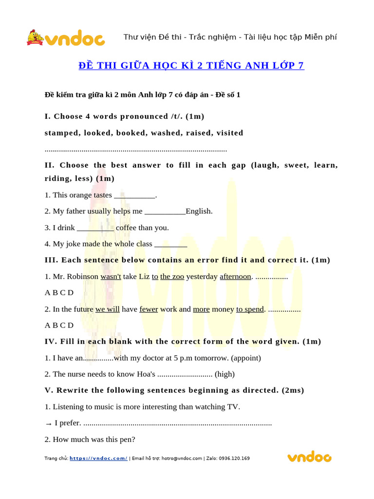 Bo de Thi Giua Ky 2 Mon Tieng Anh Lop 7 Co Dap An | PDF | Common Cold | Independence Day (United ...