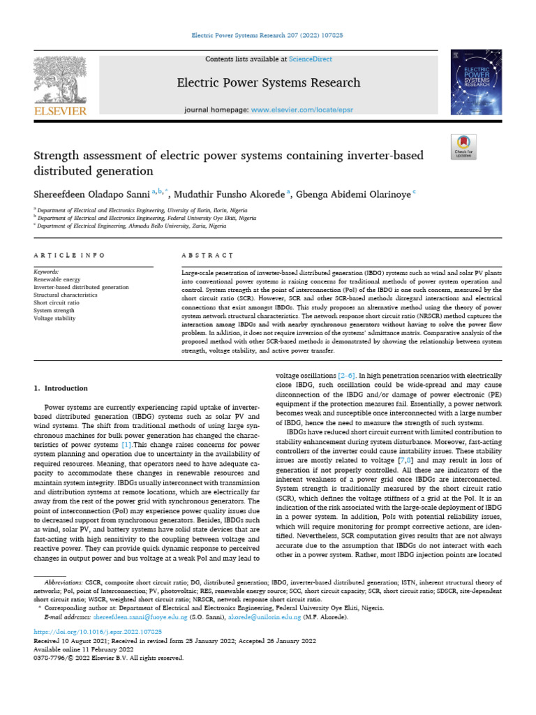 Strength Assessment of Electric Power Systems Containing Inverter-Based Distributed Generation ...