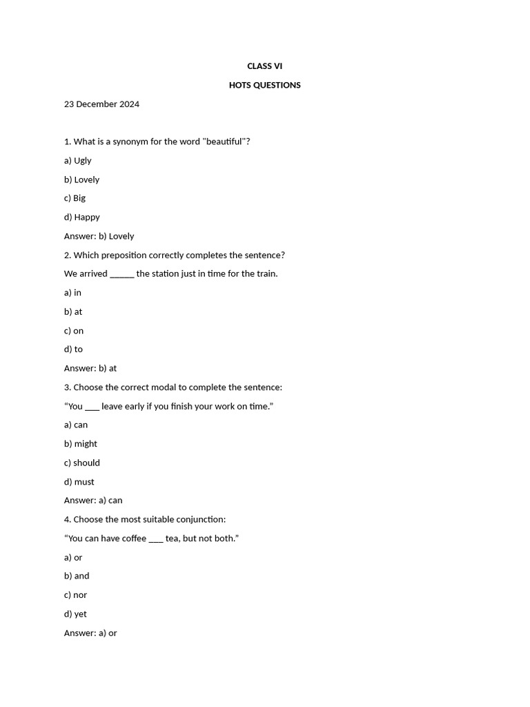 Class VI English HOTS Questions | PDF