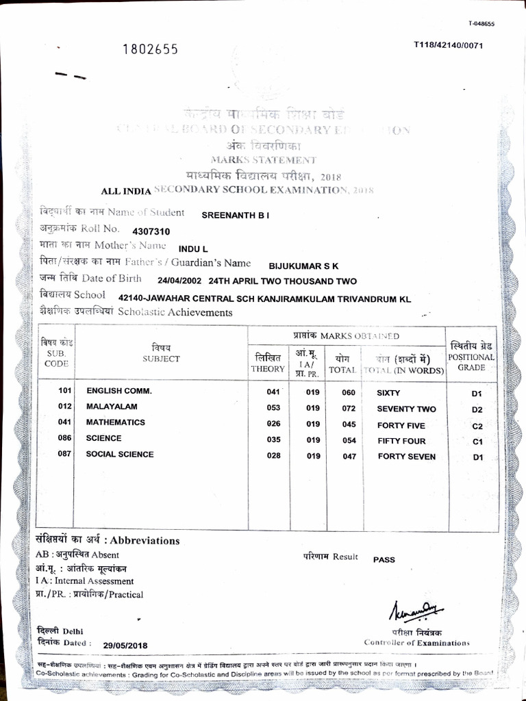 Sreenanthbi SSLC Certificate | PDF