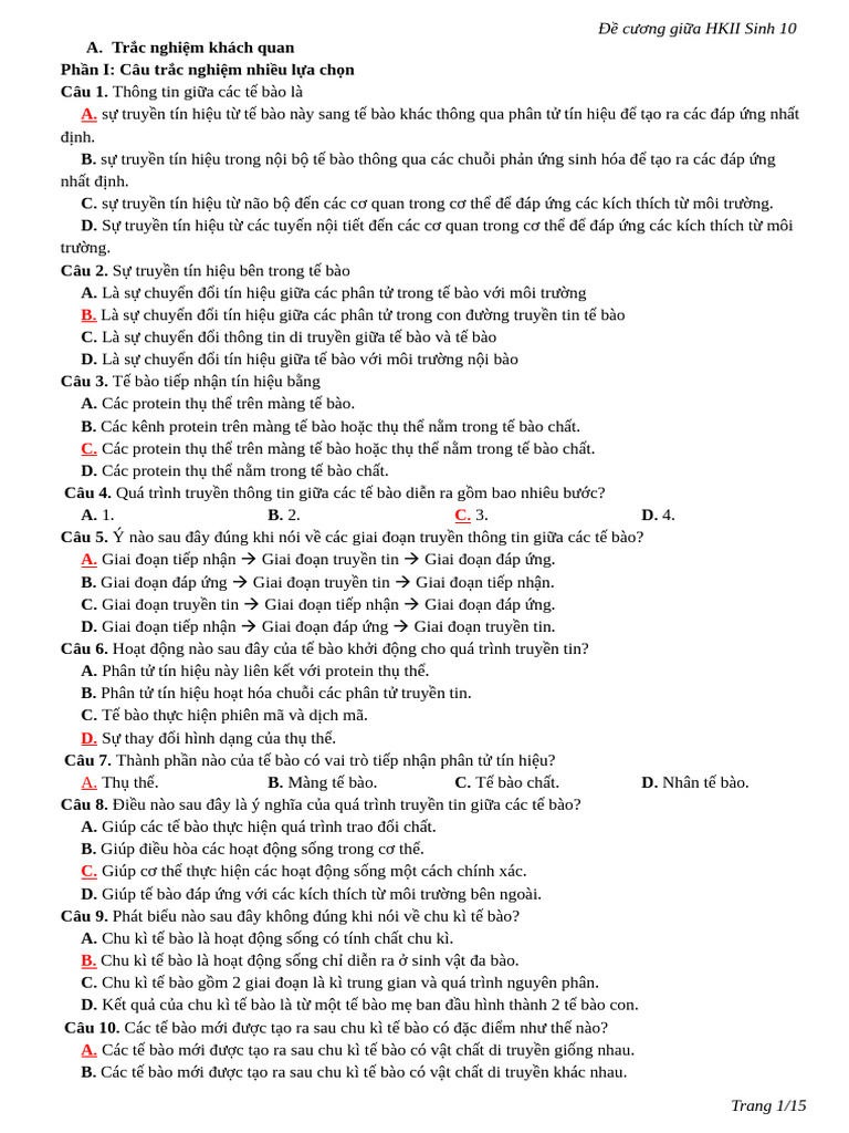 Đề Cương Giữa HKII Sinh 10 - DA | PDF