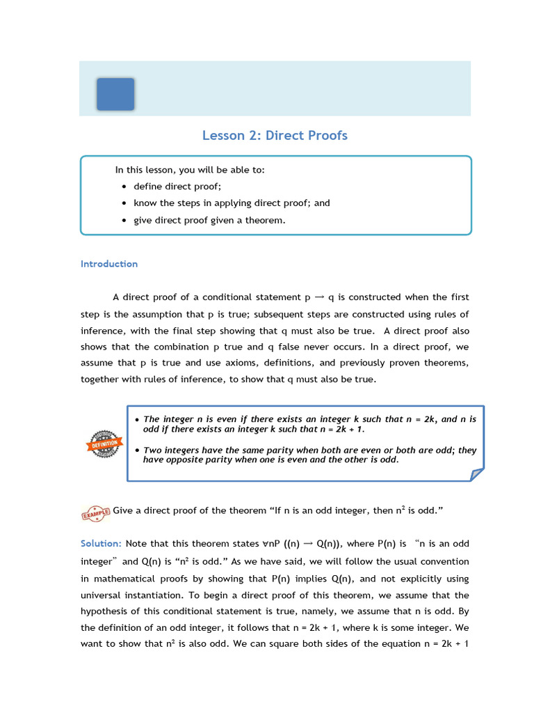 Module III Lesson 2 Direct Proofs | PDF | Mathematical Proof | Theorem
