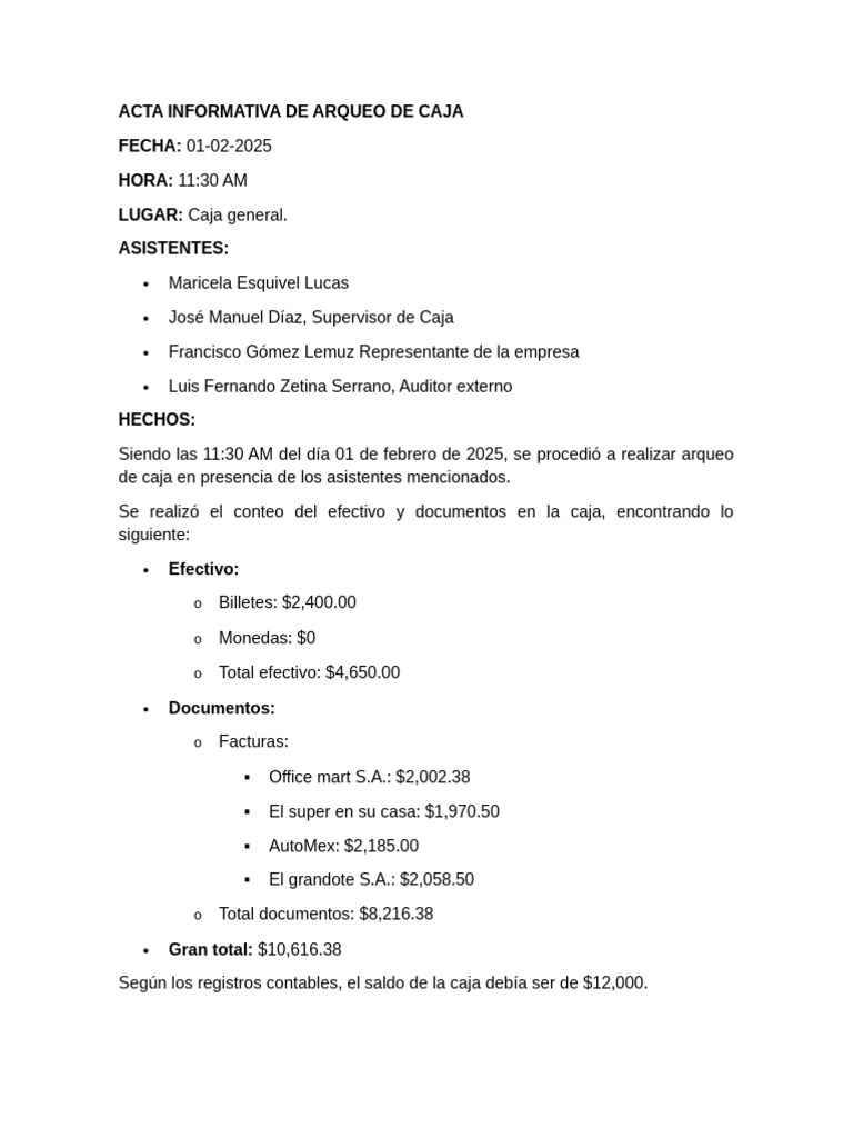 Acta Informativa de Arqueo de Caja | PDF | Peso mexicano | Mercado de divisas