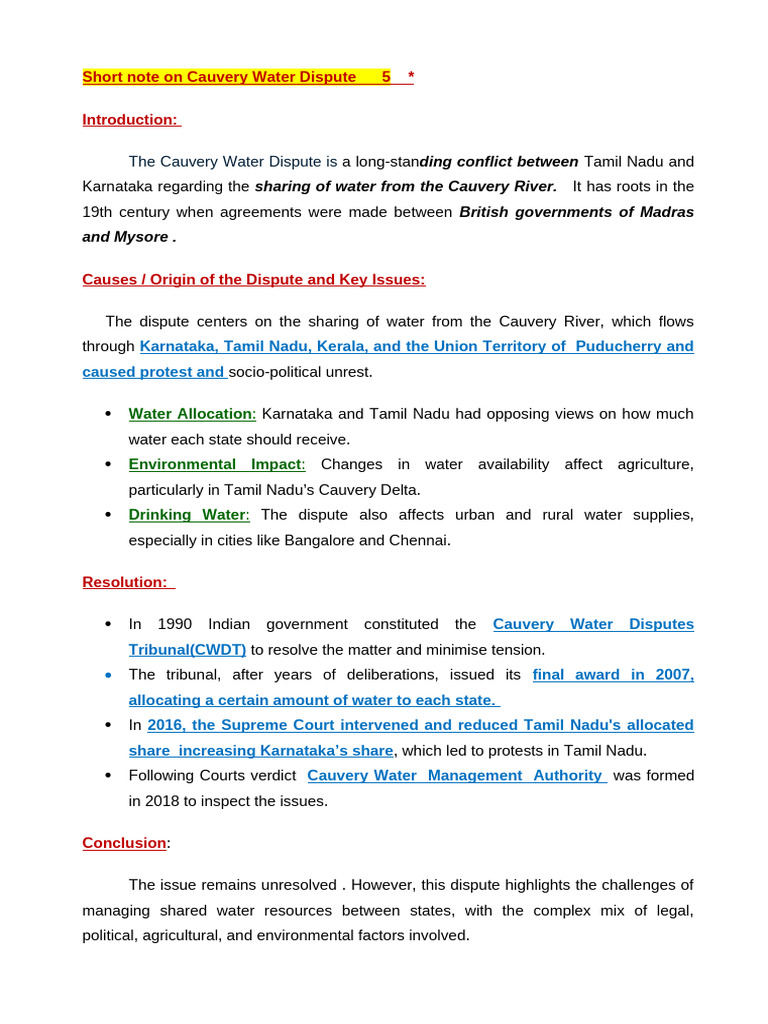 Cauvery Water Dispute Overview | PDF
