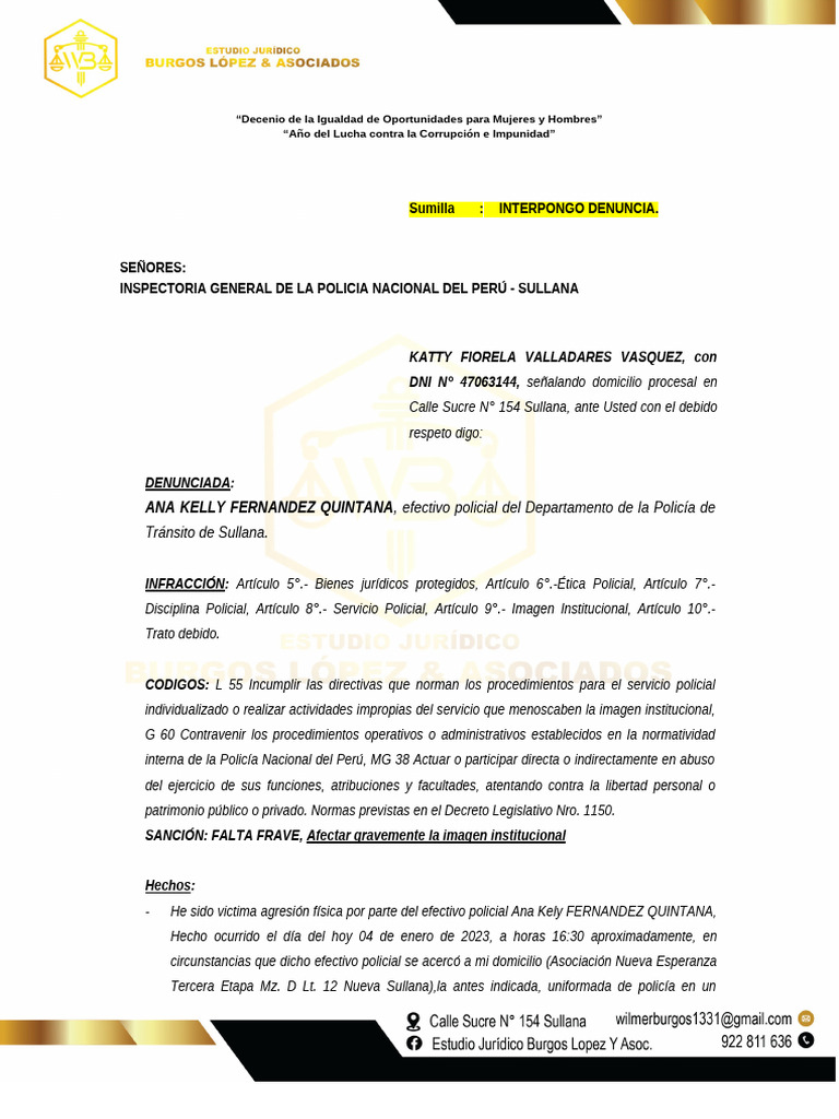 Denuncia A Inspectoria - Katy Valladarez Vasquez | PDF | Policía | Seguridad nacional