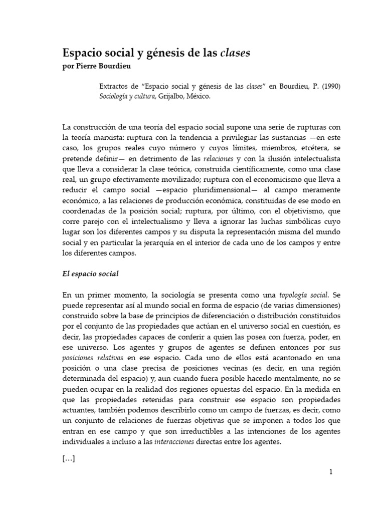 Texto 07. Bourdieu Espacio Social y Genesis de Las Clases | PDF | Existencia | marxismo