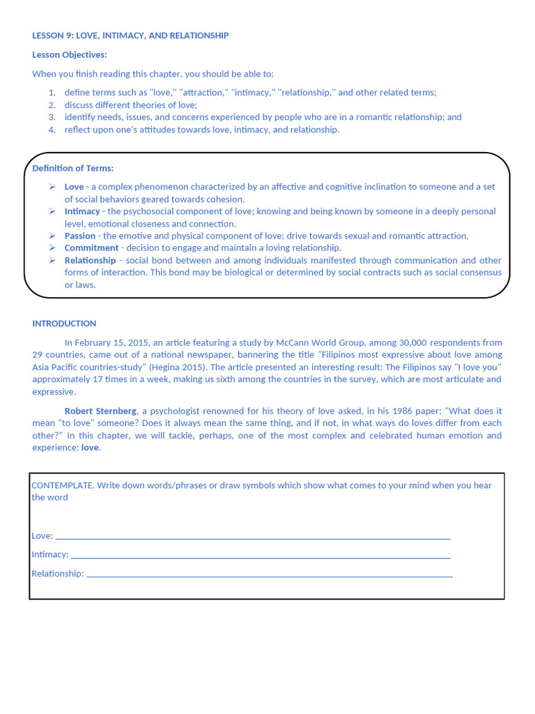 Lesson 9 Love Intimacy and Relationship | PDF | Love | Intimate Relationships