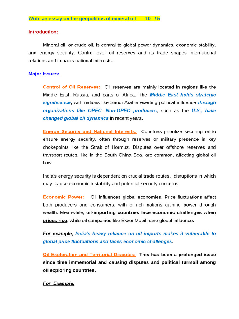 Essay On Geopolitics of Mineral Oil 10 Marks | PDF | Energy Security ...