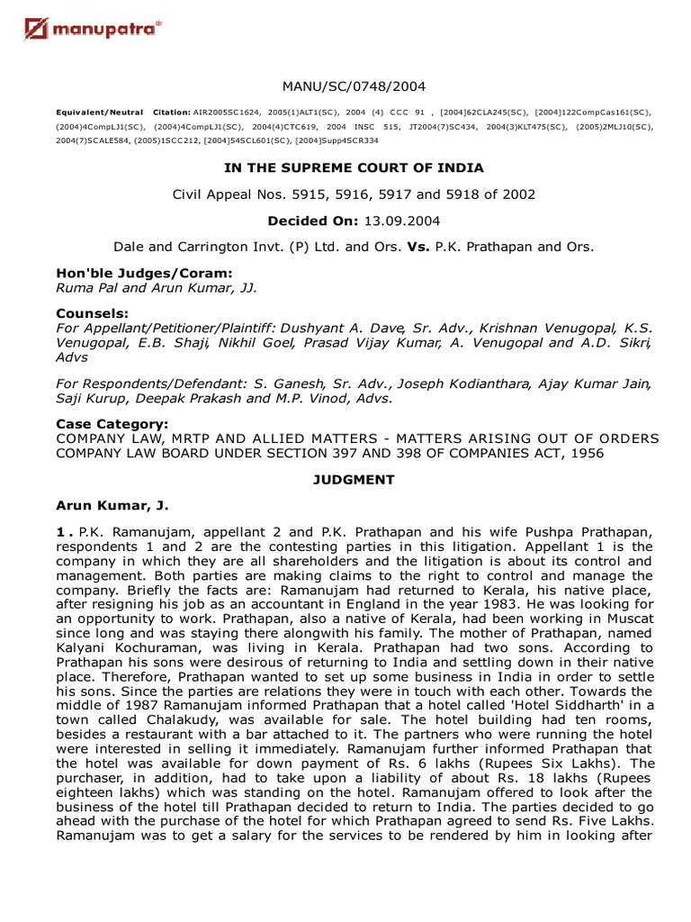 Dale and Carrington v. Prathapan Case Summary | PDF | Board Of ...