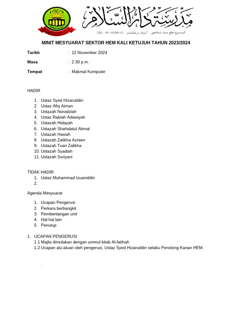 Minit Mesyuarat Sektor Hem Kali 8 Tahun 20232024 | PDF