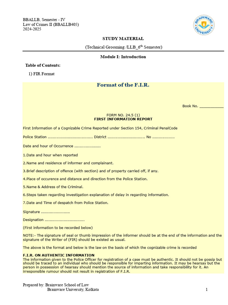 FIR FORMAT - Study Material2 | PDF | Crimes | Crime & Violence
