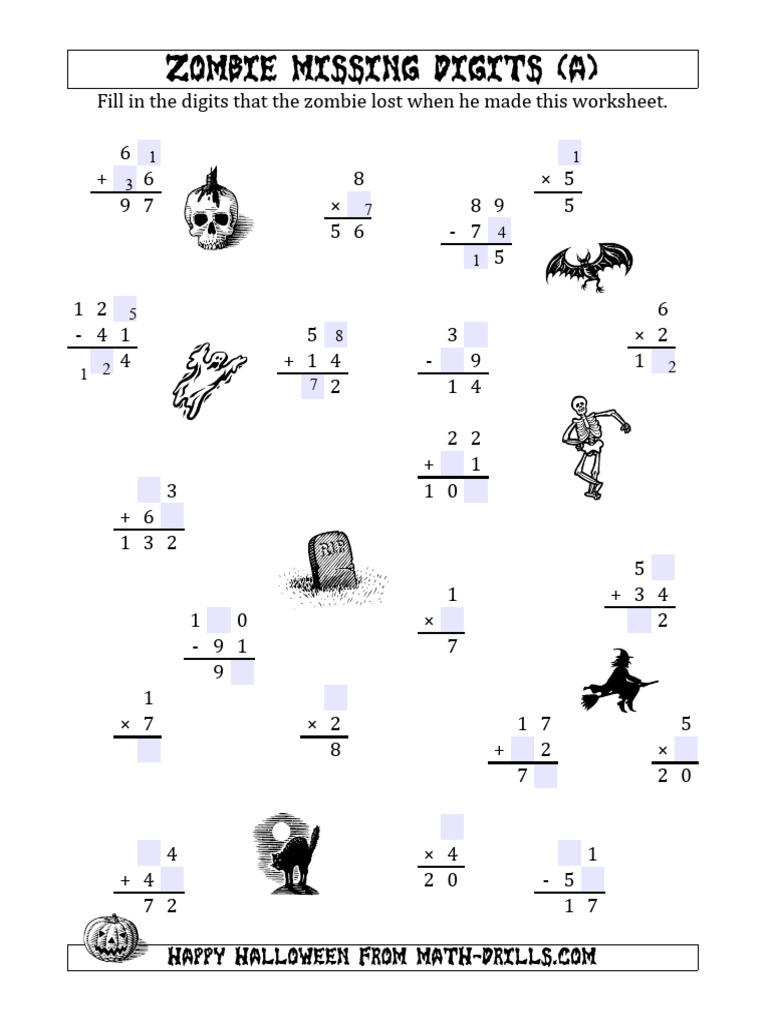 Zombie Math Worksheet: Fill in Digits | PDF