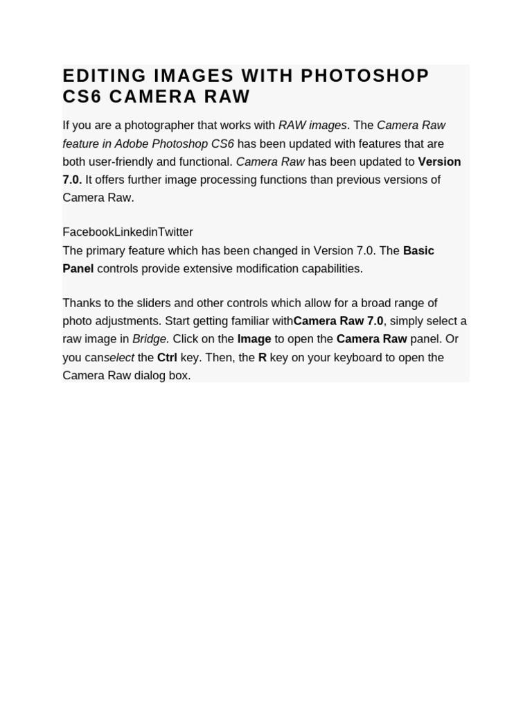 EDITING IMAGES WITH PHOTOSHOP CS6 CAMERA RAW tiglee | PDF | Raw Image Format | Adobe Photoshop