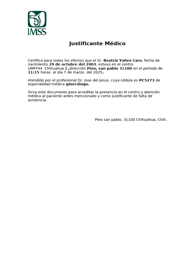 Justificante Médico Imss | PDF