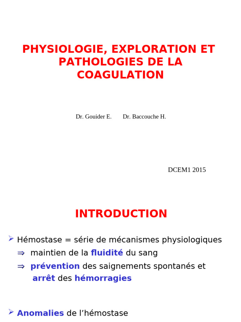Physiologie, Exploration Et Pathologies de La Coagulation | PDF | Coagulation | Hémostasie