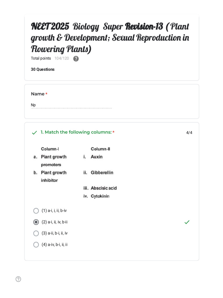 NEET 2025 Biology Super Revision-13 (Plant Growth & Development Sexual Reproduction in Flowering ...