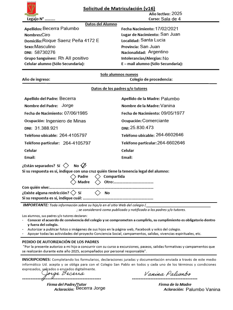 Solic. Matricula 2025 | PDF